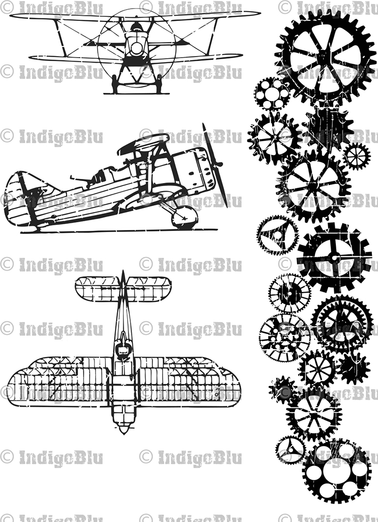 Vintage Planes and Cogs border - Digi - IndigoBlu
